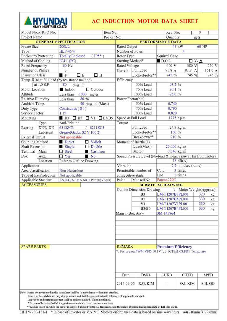 전동기 DATA SHEET (IE3) - 현대종합중전기(주)